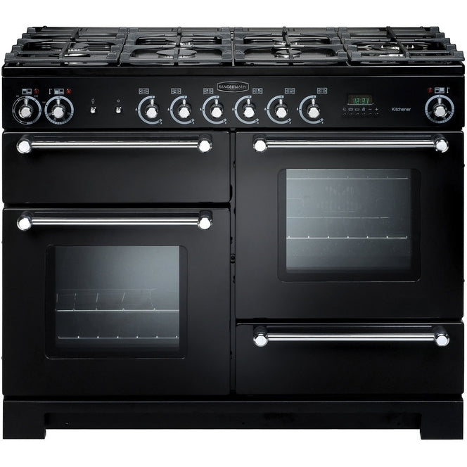 Rangemaster Kitchener KCH110NGFBL/C - Black/Chrome Gas Range Cooker ...