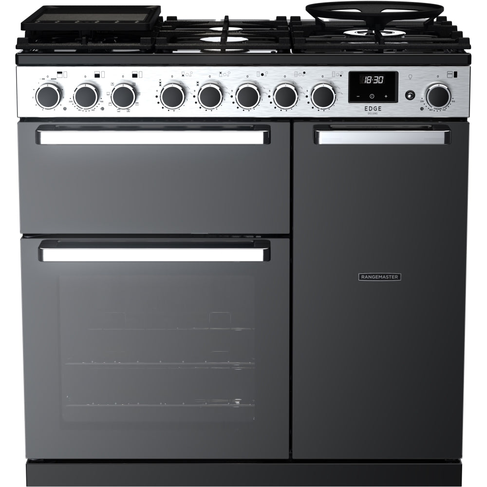 Rangemaster EDDL90DFGBLK/CM1 Edge Deluxe 90cm Dual Fuel Black Glass/Ch ...